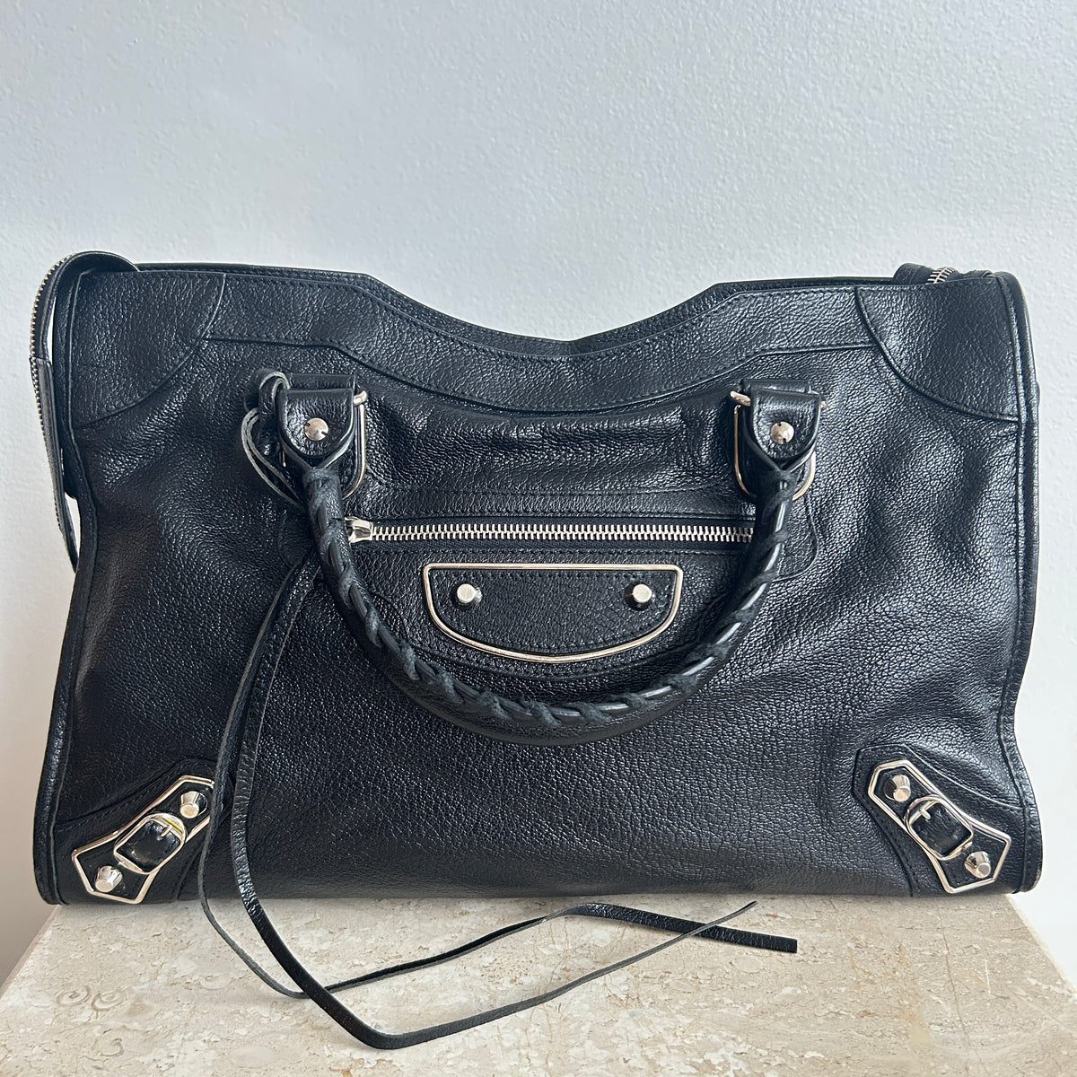 Pre-Owned BALENCIAGA Black Leather Motocross Metallic Edge City Bag ...