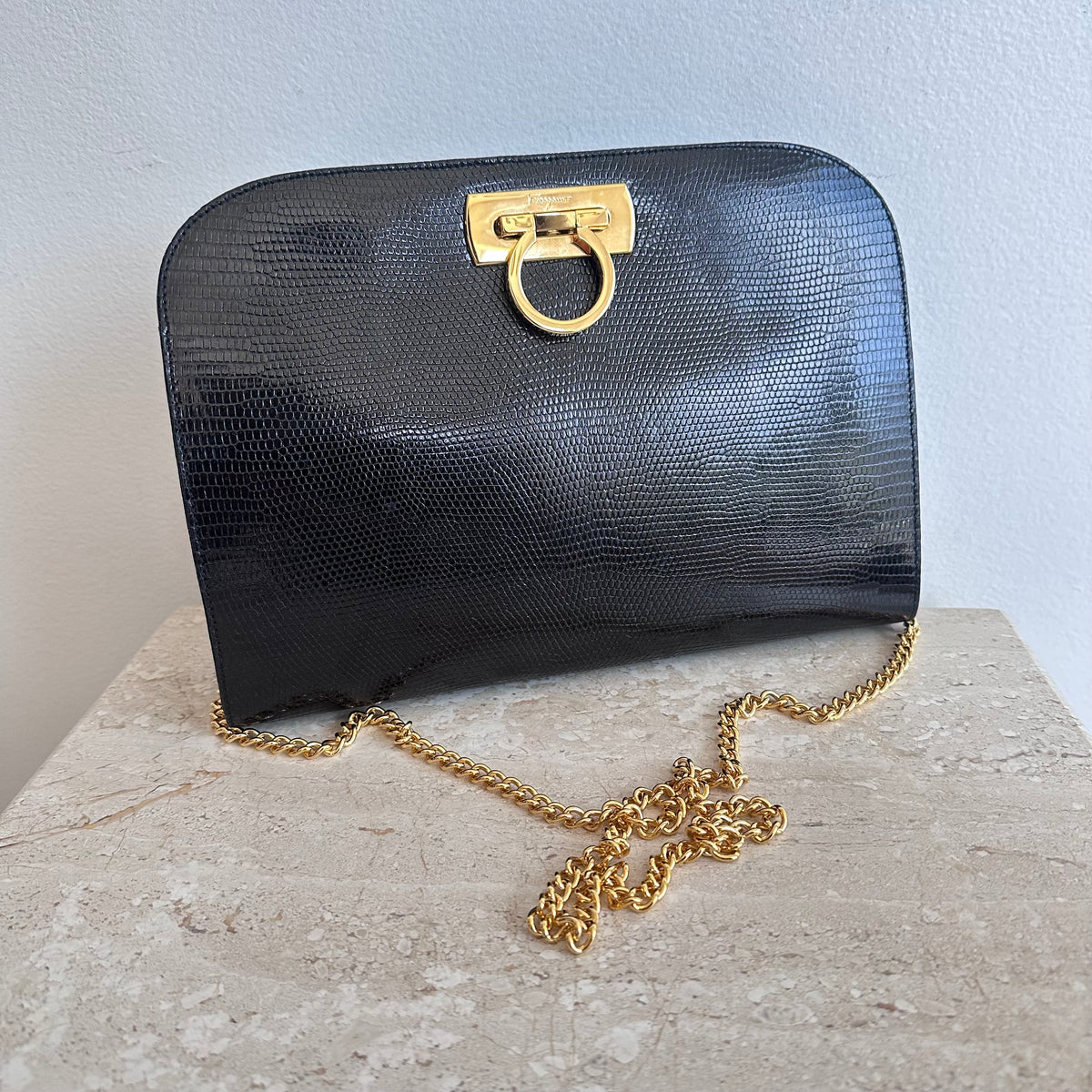 Pre-Owned SALVATORE FERRAGAMO Vintage Black Lizard Diana Clutch Bag ...
